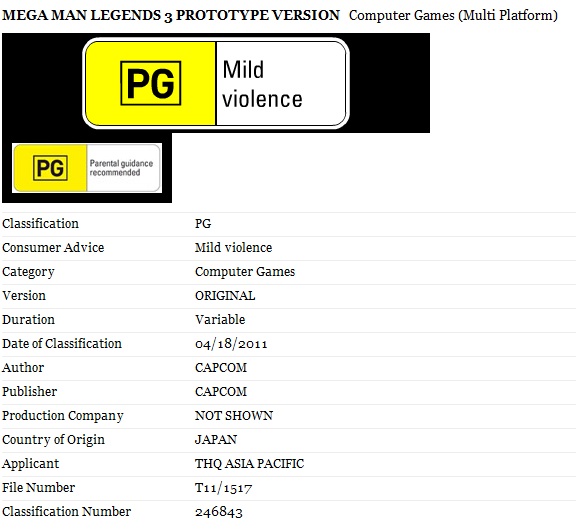 Mega Man Legends 3 Prototype Version registered on the OFLC